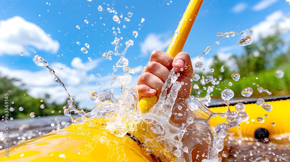 An exciting white water rafting adventure, with a group of rafters ...