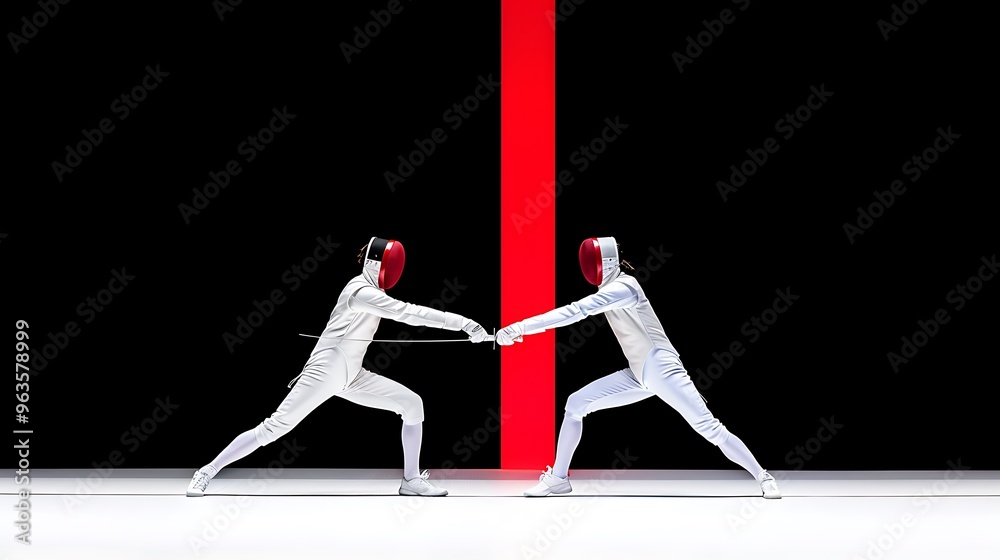 An intense fencing match, with swords clashing as two skilled fencers ...