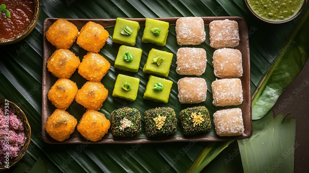 Flat lay of traditional mithai, including motichoor laddus and pista ...