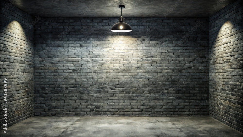 Dark room with weathered grey brick stone wall and ceiling light ...