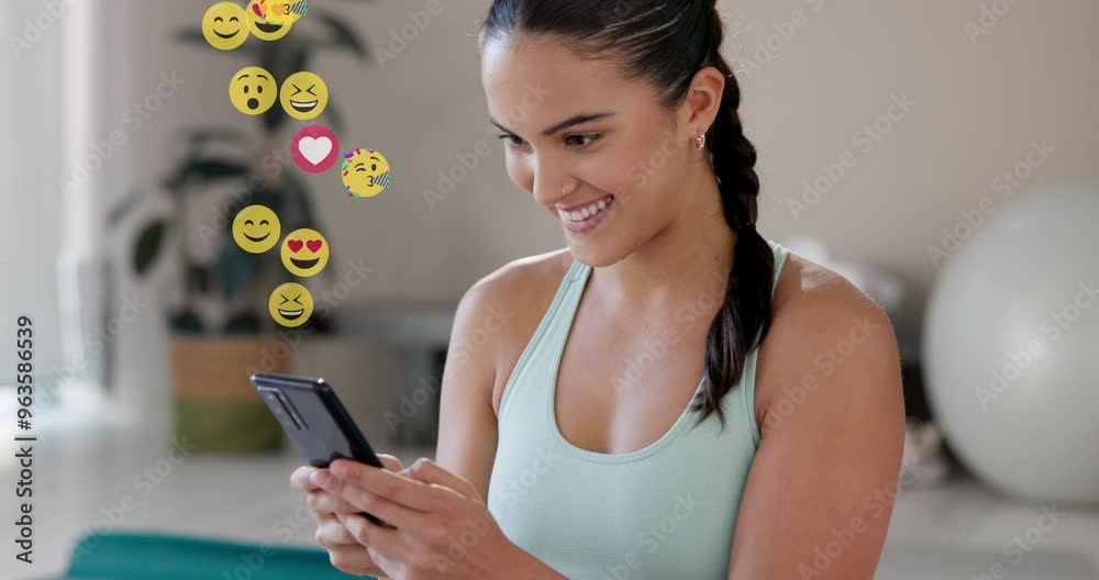 Fitness, woman and phone with emojis for social media, reaction and ...
