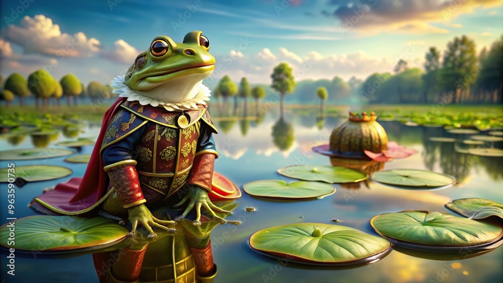 Simulation of a classic oil painting depicting a regal frog adorned in ...