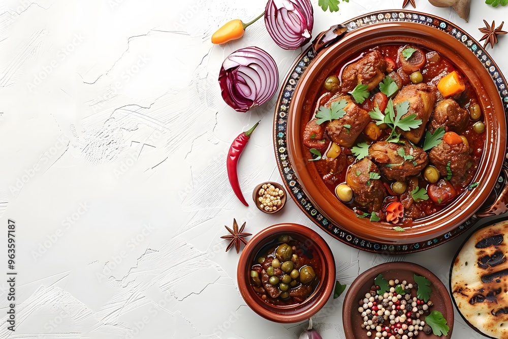 Traditional Moroccan Tagine with Spices on White Background with Copy ...