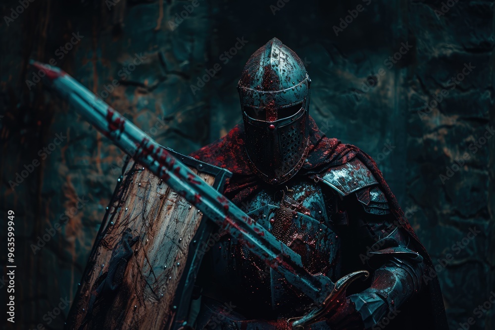 A knight in shining armor holding a sword and shield, ready for battle ...