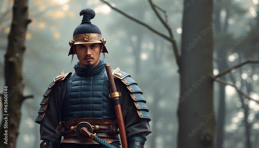 Noble Warrior Japanese Samurai Man in Traditional Armor with a Calm ...