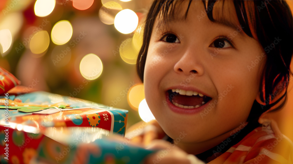 Child's eyes wide, mouth open in excitement as they unwrap a special ...