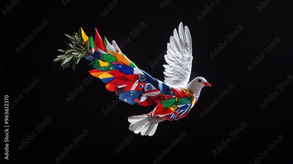 Colorful dove with international flags on wings symbolizes global peace ...