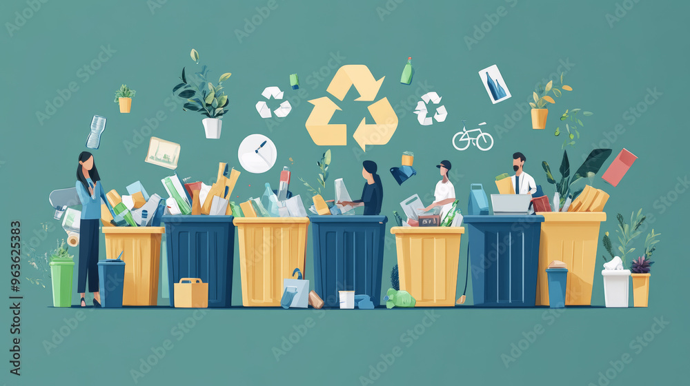 Show scenes of recycling and repurposing: people using recycling bins ...