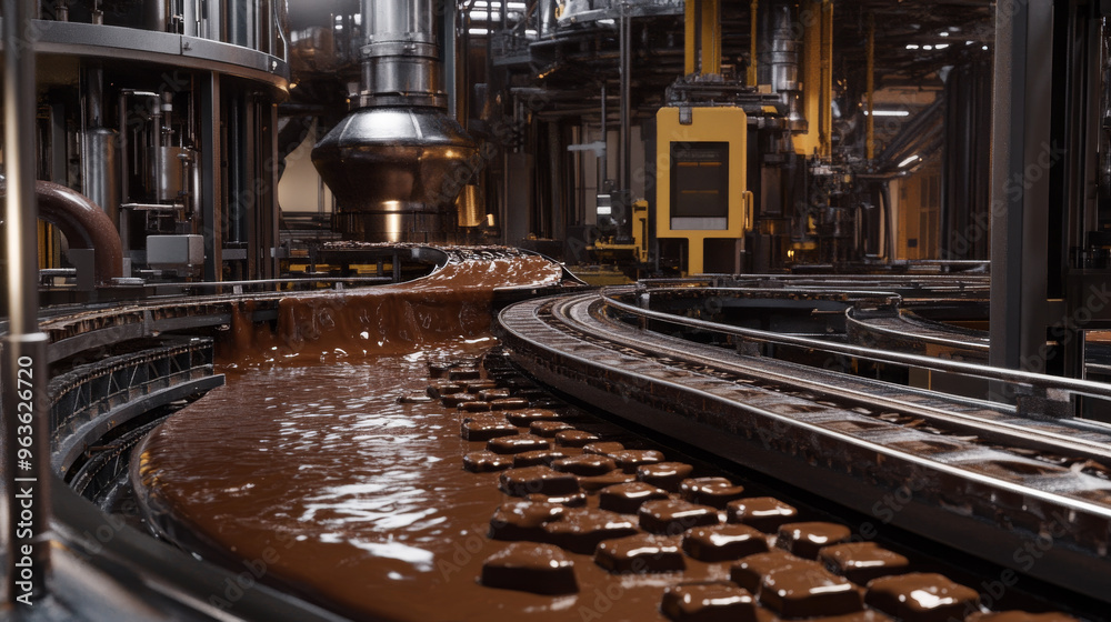 Show the interior of a chocolate factory with machines melting ...