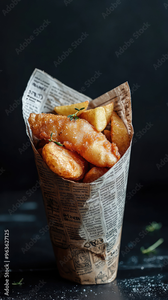 Crispy fish and chips in a newspaper cone, a classic British takeaway ...