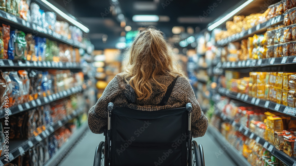 Disabled woman in wheelchair choosing products from shelf in ...