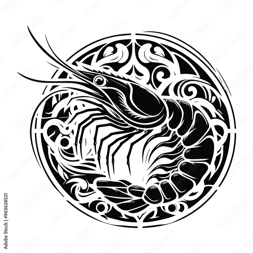 Shrimp with art nouveau decoration, stencil logo, black and white ...