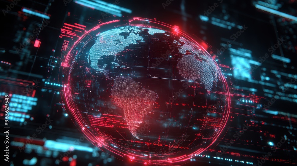 A digital representation of Earth surrounded by vibrant data streams ...