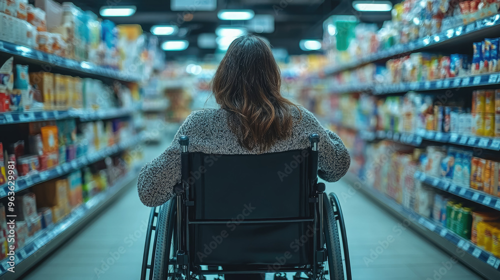 Disabled woman in wheelchair choosing products from shelf in ...