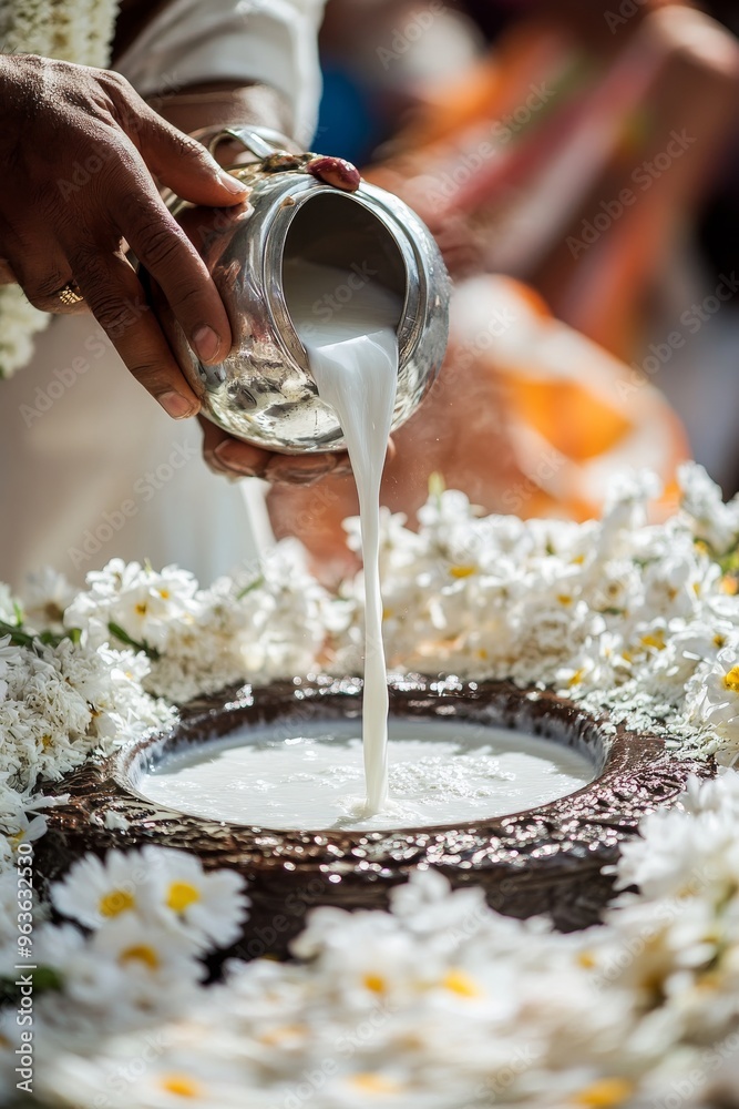 Devotion and Purification: Hindu Priest Performing RitualMilk on Shiva ...