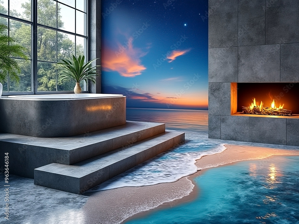 Modern interior bathroom with stone steps leading up to whirlpool ...