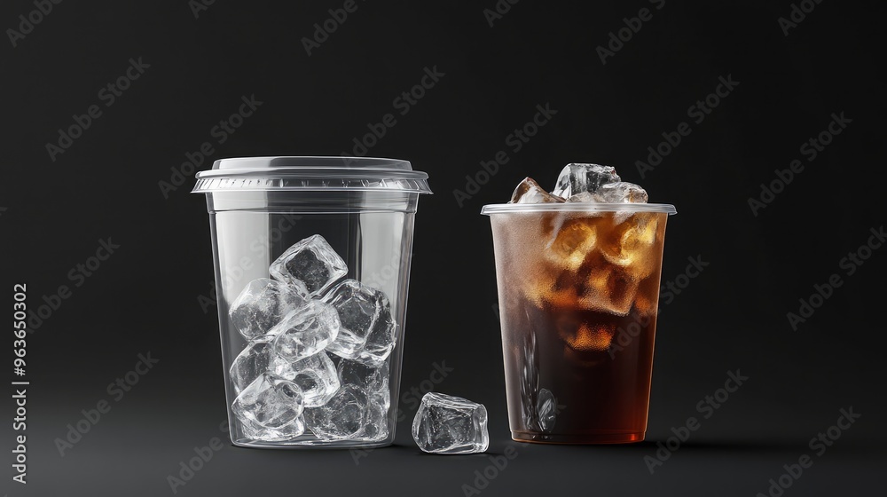 An iced Americano, a transparent plastic cup mockup with a lid, and a ...