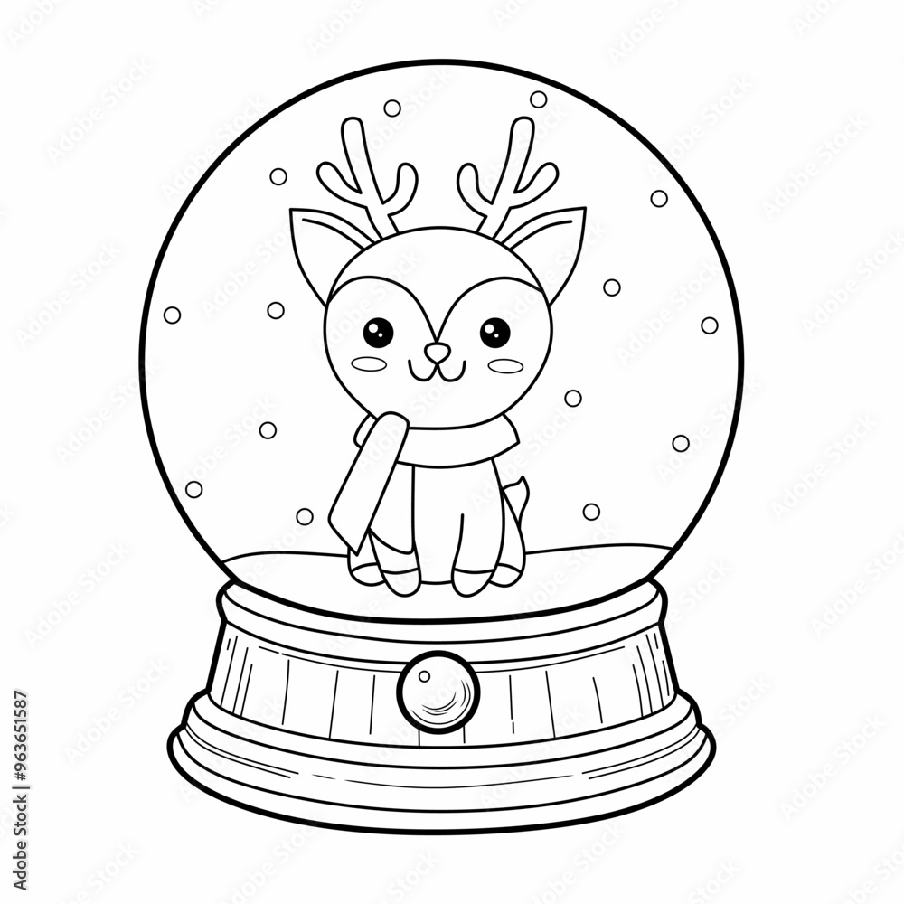 Coloring page Christmas Snow globe with cute deer happy in snow rain ...