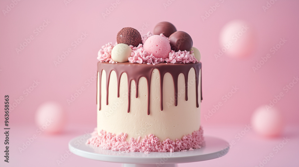 This is an image of a tall, single-tier cake with smooth edges, covered ...