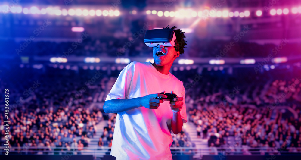 Adult holding joystick and wearing VR goggles while enjoy playing games ...