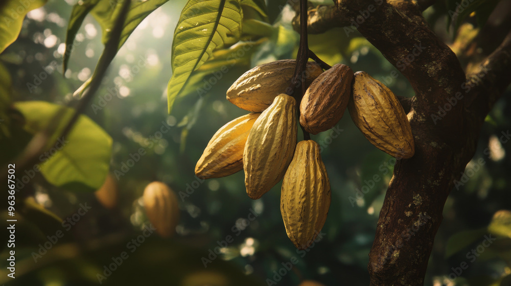 Show the cacao tree and its pods in a tropical rainforest setting ...
