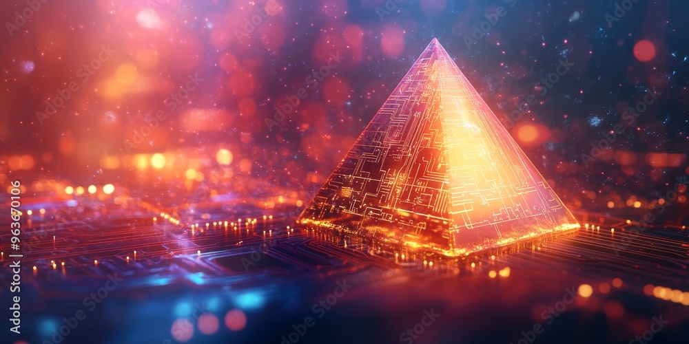 A breathtaking 3D pyramid structure, vividly illuminated with a range ...