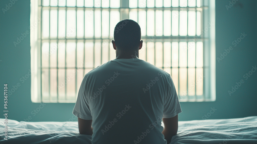 Cell Interior: Man in a Prison Cell Sitting on a Bed, Depicting the ...