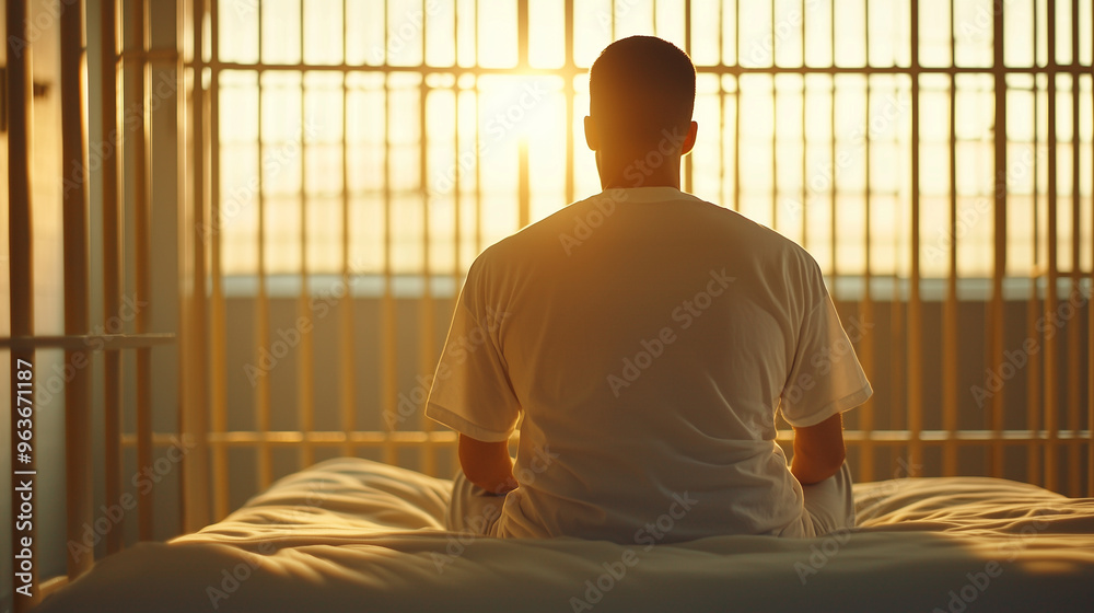Cell Interior: Man in a Prison Cell Sitting on a Bed, Depicting the ...