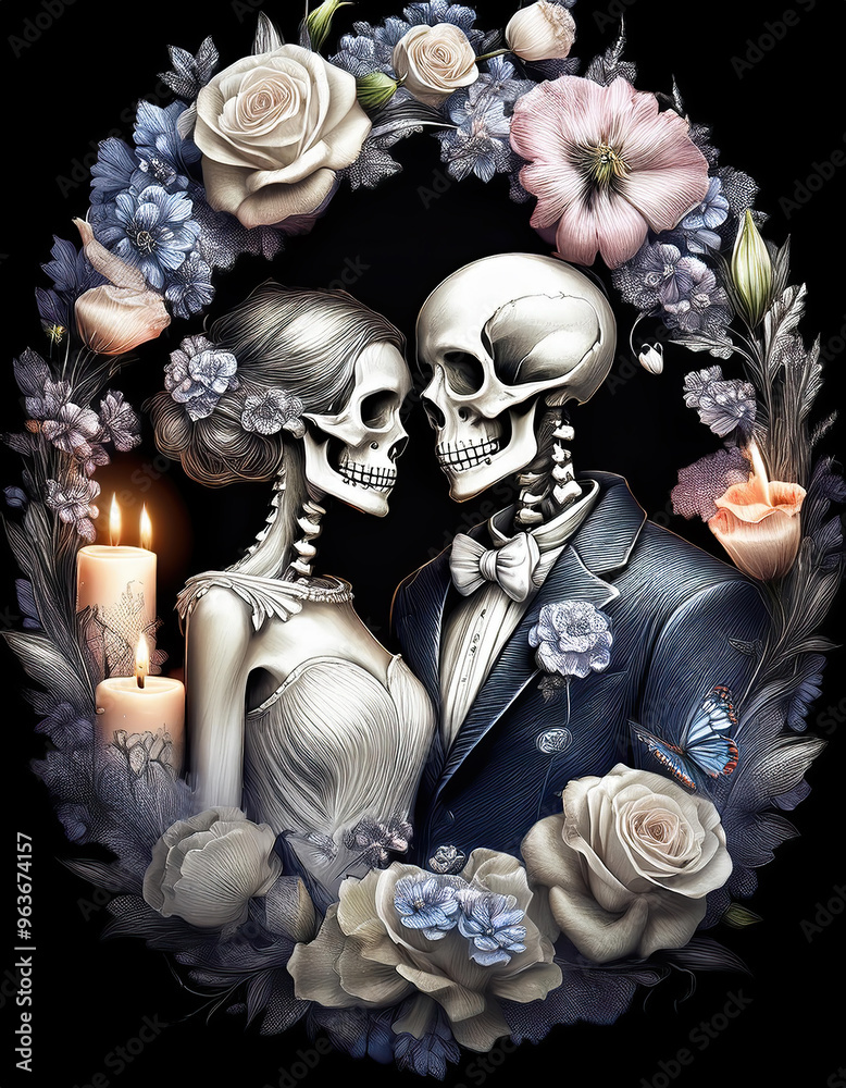 Face portraits,skeleton-themed of a husband and wife standing next to each other for Mexico's ...