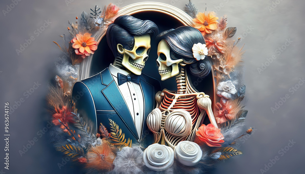 Face portraits,skeleton-themed of a husband and wife standing next to ...