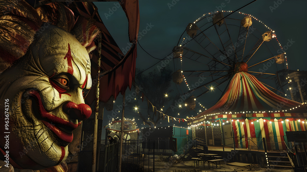 Spooky circus with eerie clowns, sideshow acts, and dark atmosphere in ...