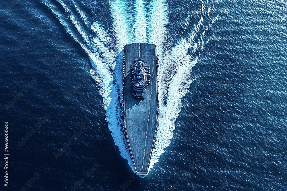 Impressive aircraft carrier warship sails gracefully through the deep ...