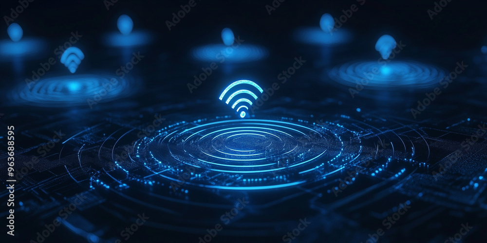Futuristic Digital Network with Glowing Wi-Fi Signals Floating Over the ...