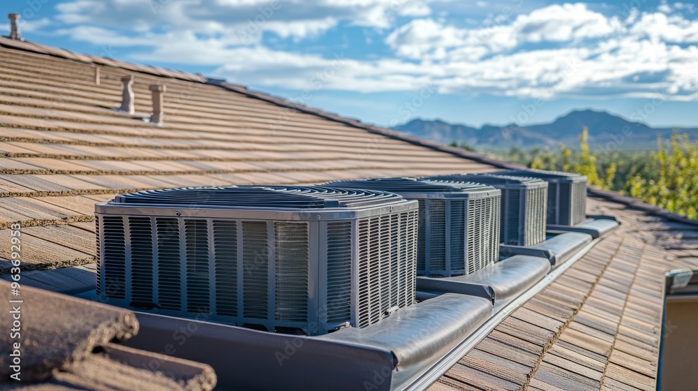 A modern rooftop features an advanced HVAC system with ducting ...