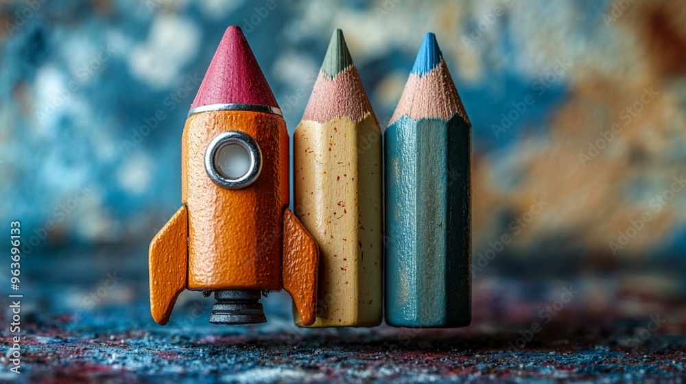 Playful Rocket Made from Pencils on a Back to School Background ...