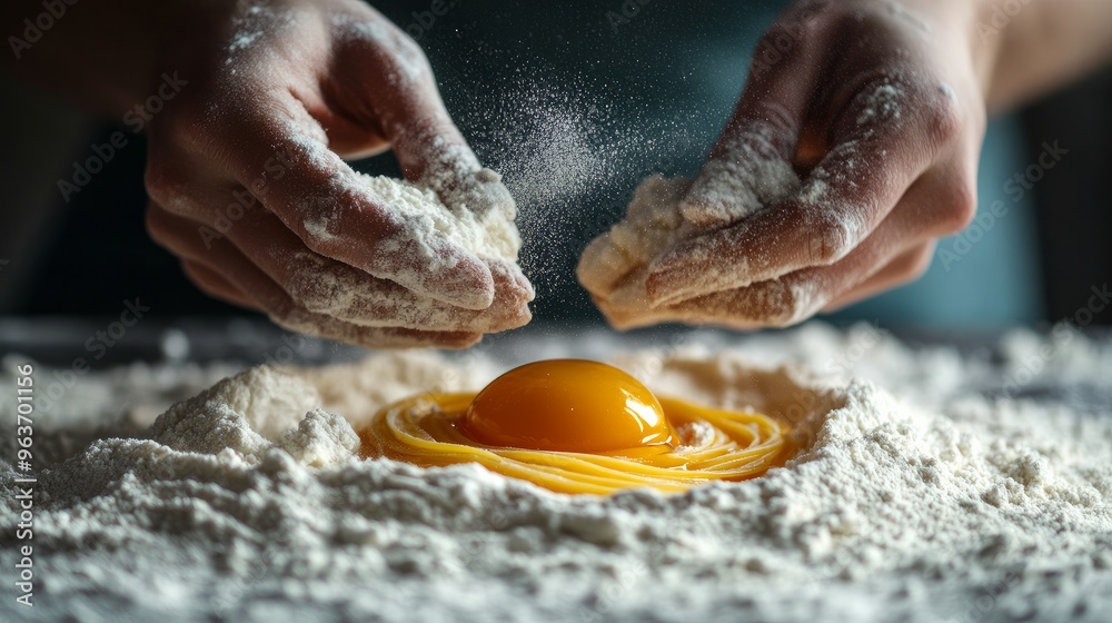 eggs falling into the flour. Breaking hands, a raw egg cracked over ...