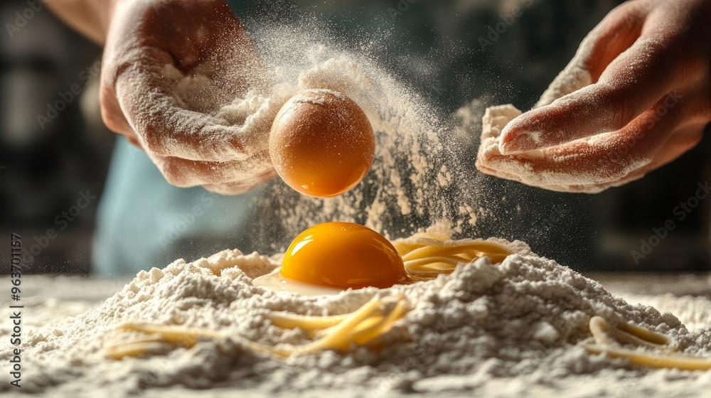 eggs falling into the flour. Breaking hands, a raw egg cracked over ...