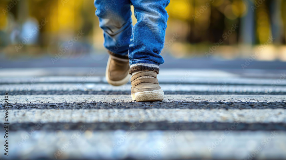 Close-up of Child's Feet in Sneakers Walking on a Crosswalk in an Urban ...