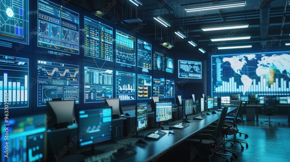 Energy Management Control Room with Multiple Screens Displaying ...