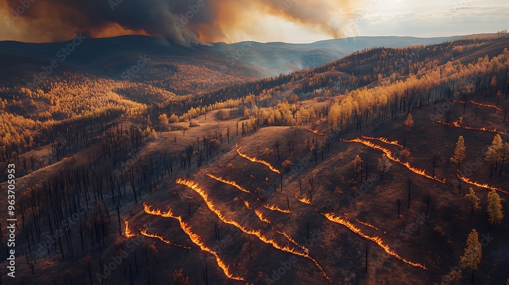 Wildfire scars stretching across once-lush forested hills, highlighting ...