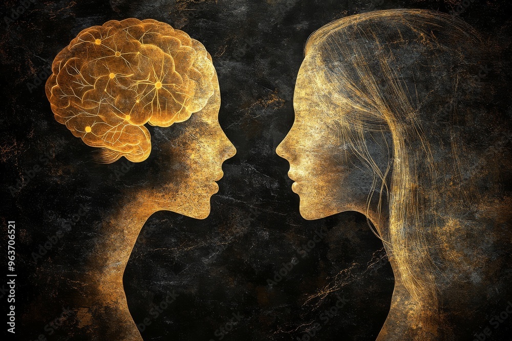 Mental horsepower Brain based communication Golden silhouette heads ...