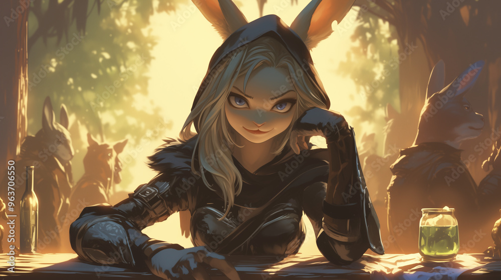 mysterious hooded rabbit beastfolk barmaid with a sly smile serving ...