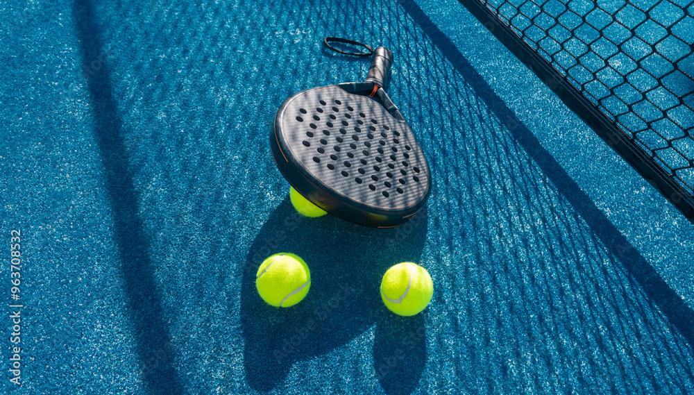 Padel tennis racket. Background with copy space. Sport court and balls ...