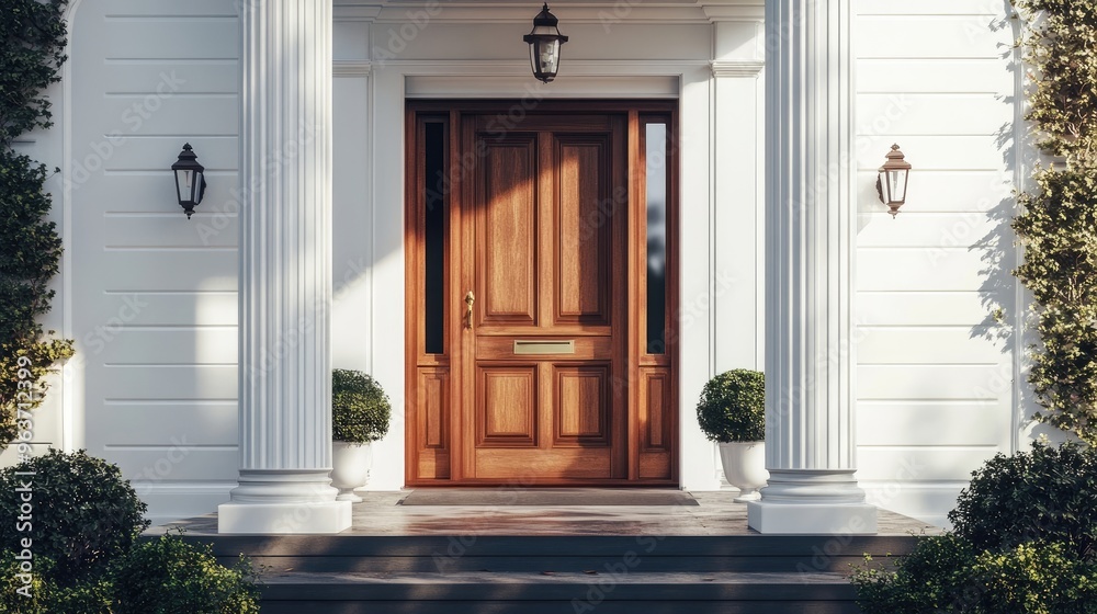Main entrance door in house Wooden front door with gabled porch and ...