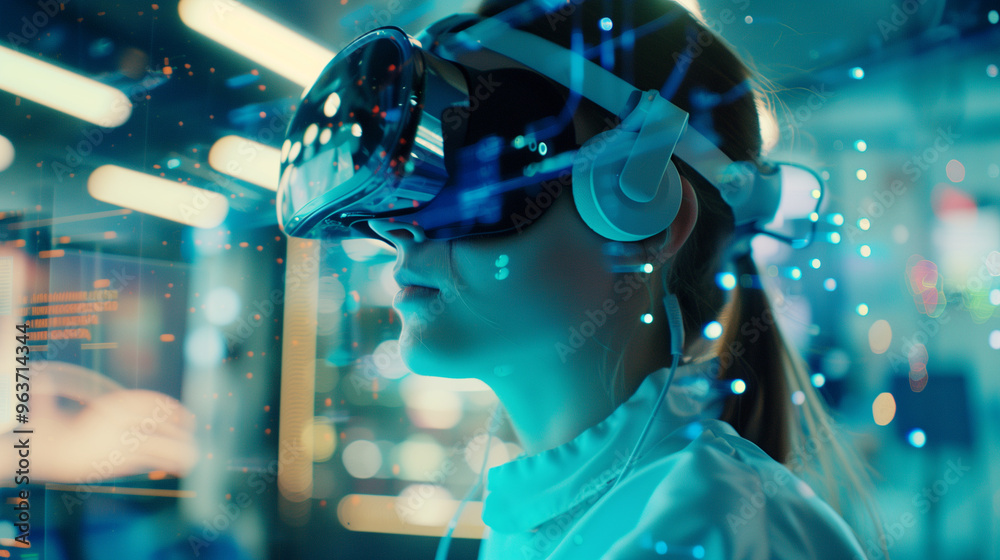School student with VR headset using AI artificial intelligence ...