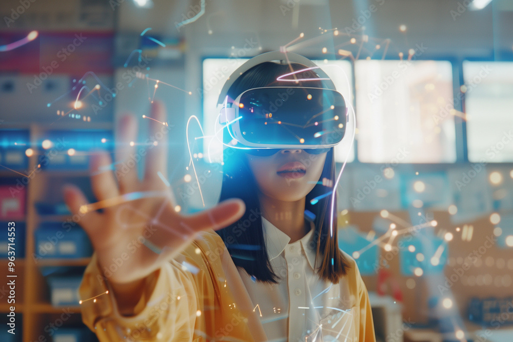 School student with VR headset using AI artificial intelligence ...