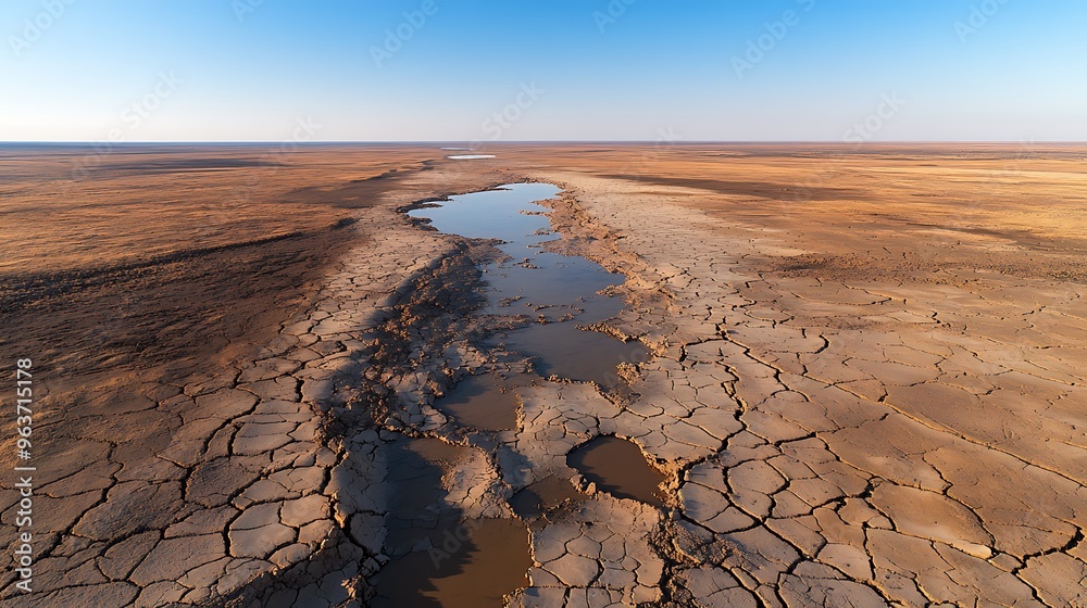 An aerial shot of a wide, cracked basin where a lake once stood, now a ...