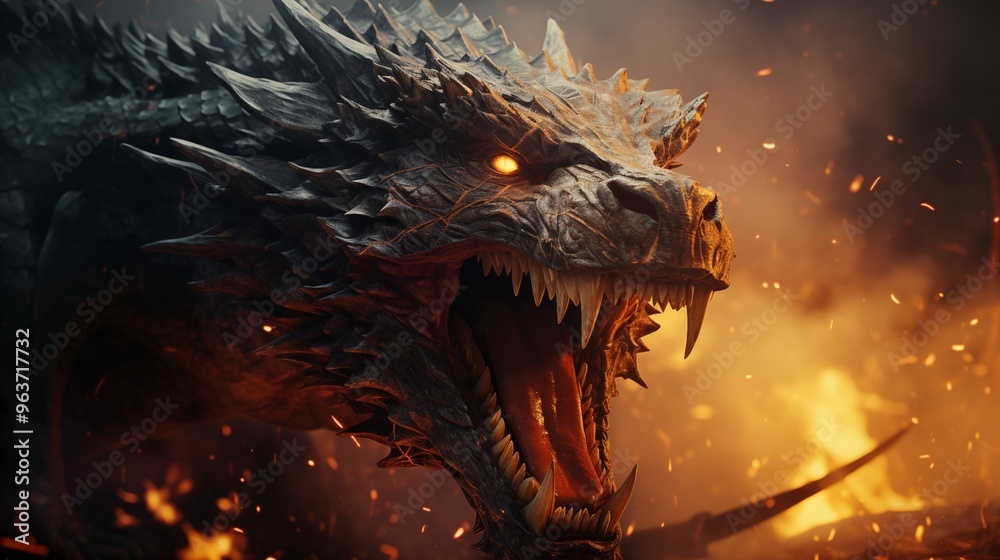 Mad dragon destroying the world. Angry reptile with a growl giving a ...