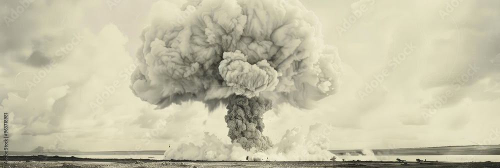 Vintage photo style showcasing an atomic mushroom cloud illustrating ...