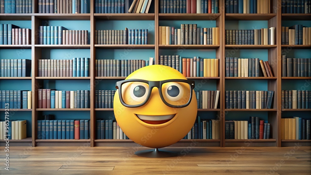 Cartoonish nerd emoji standing in front of a massive bookshelf, with a ...